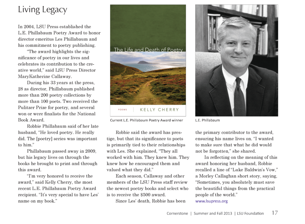 Kelly Cherry and the L.E. Phillabaum Poetry Award - LSU Press